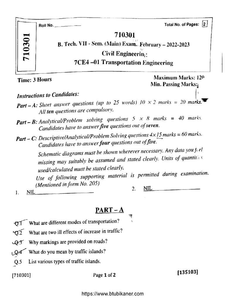 Btech Ce 7 Sem Transportation Engineering 710301 Feb 2023 (1) (1) | PDF