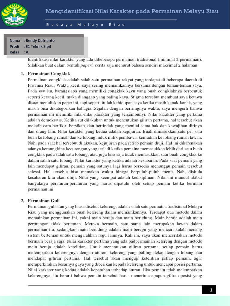 Nilai Karakter Permainan Riau | PDF