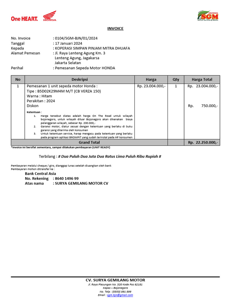 Invoice Pembelian Motor Honda 2024 | PDF