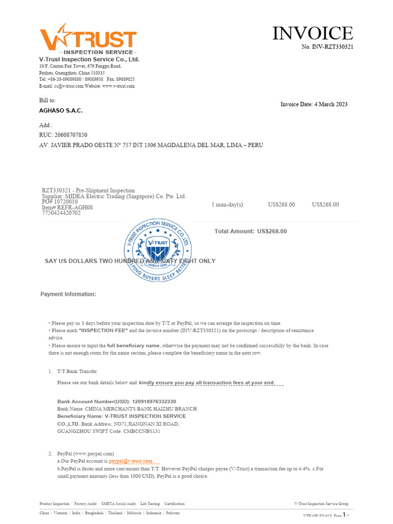 V Trust - Invoice.inv Aghaso Sac Rzt330321 | PDF | Pay Pal | Payments