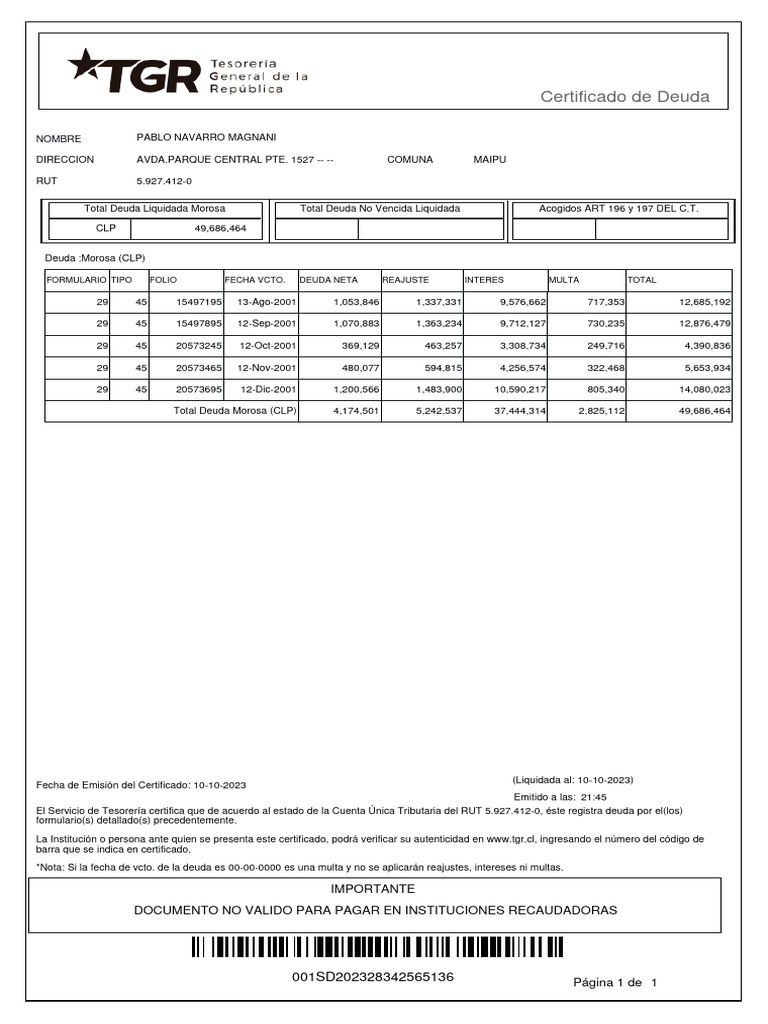 Certificado de Deuda TGR 2023 | PDF