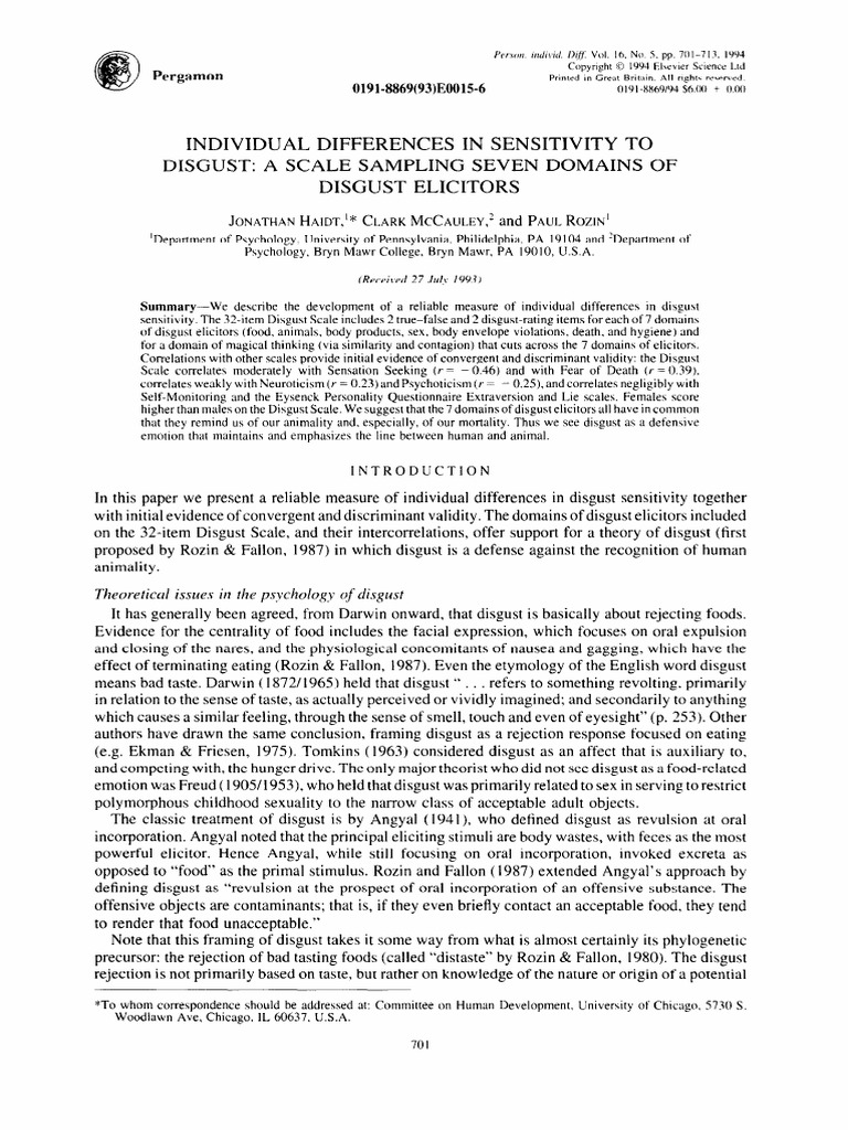 Individual Differences in Sensitivity To Disgust - A Scale Sampling ...