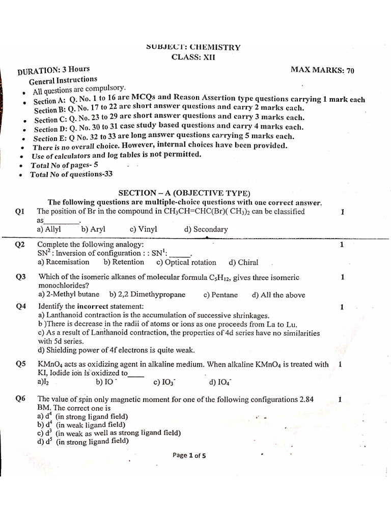 Chemistry SQP 4 Chapter Class 12 | PDF