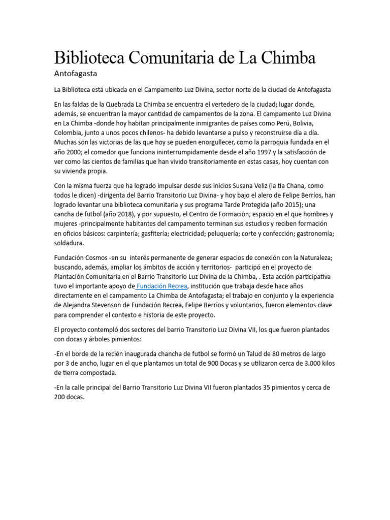 Biblioteca Comunitaria de La Chimba | PDF