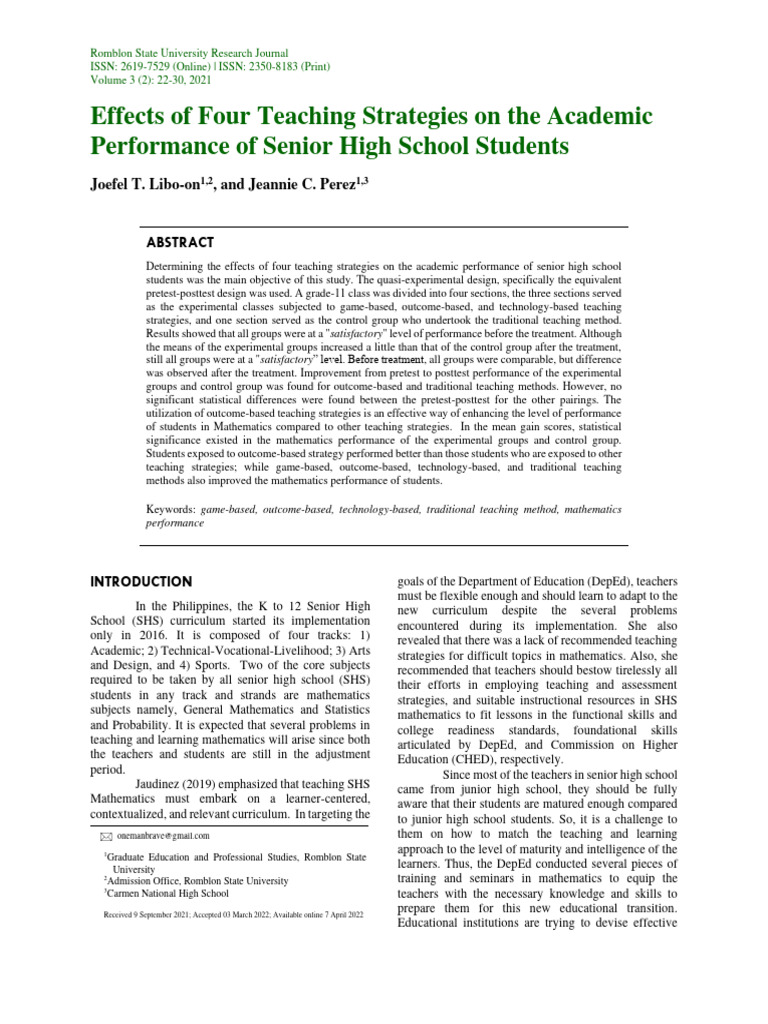 Effectsof Four Teaching Strategiesonthe Academic Performanceof Senior High School Students | PDF ...