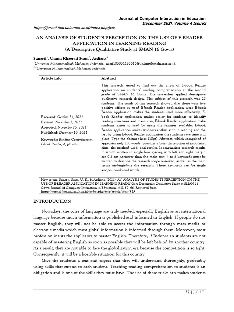 An Analysis of Students Perception On The Use of E-Reader Application in Learning Reading (A ...