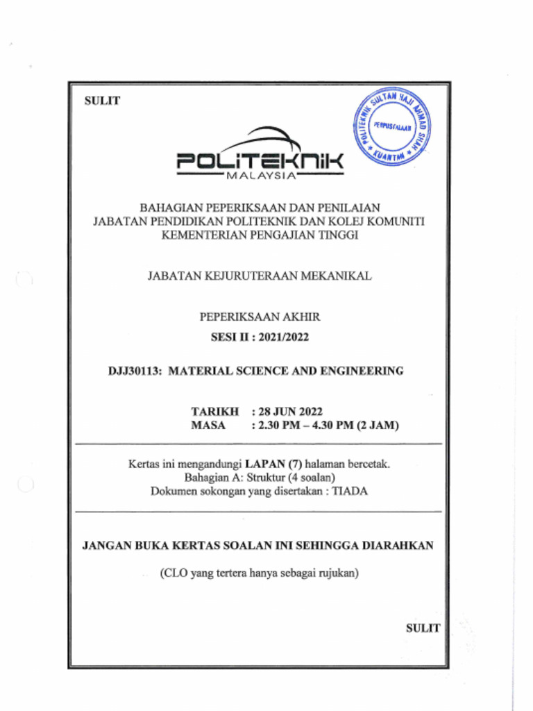 DJJ30113 MATERIAL SCIENCE AND ENGINEERING SESI II JUN 2022 | PDF