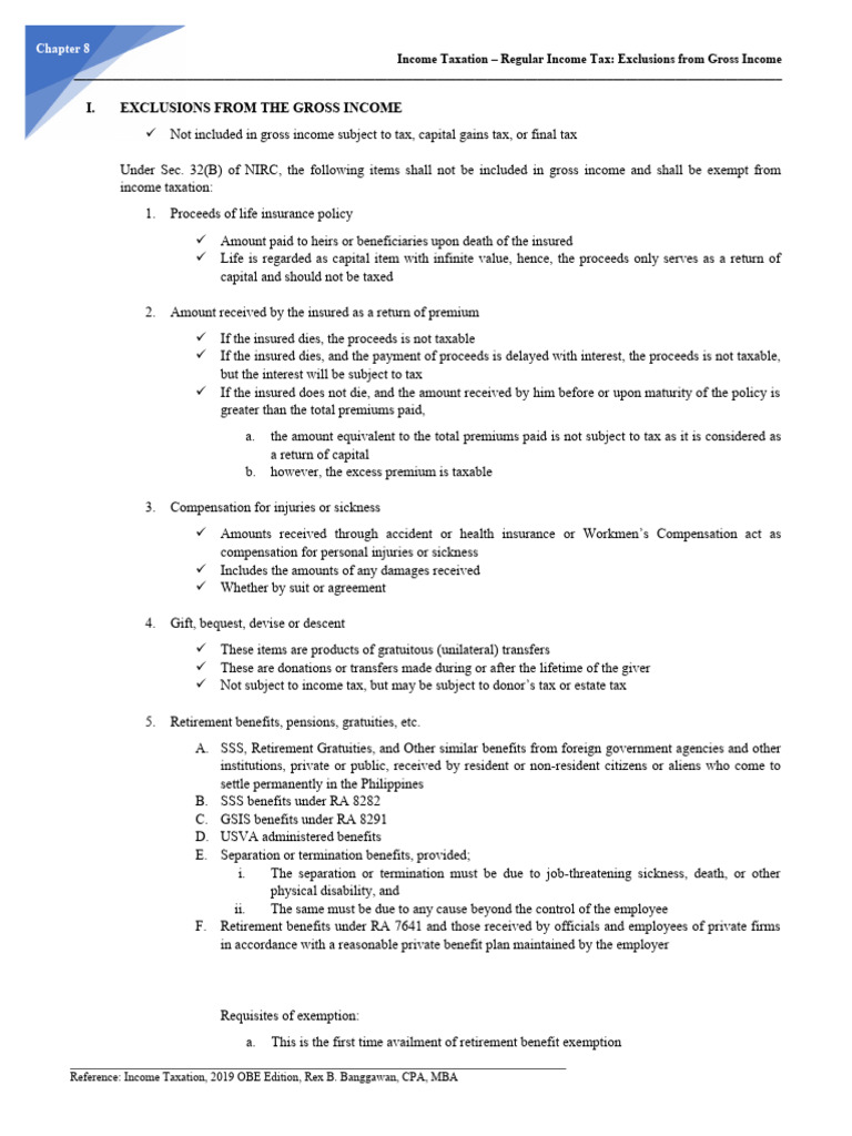 Chapter 8 - RIT - Exclusions in Gross Income | PDF | Taxes | Gross Income