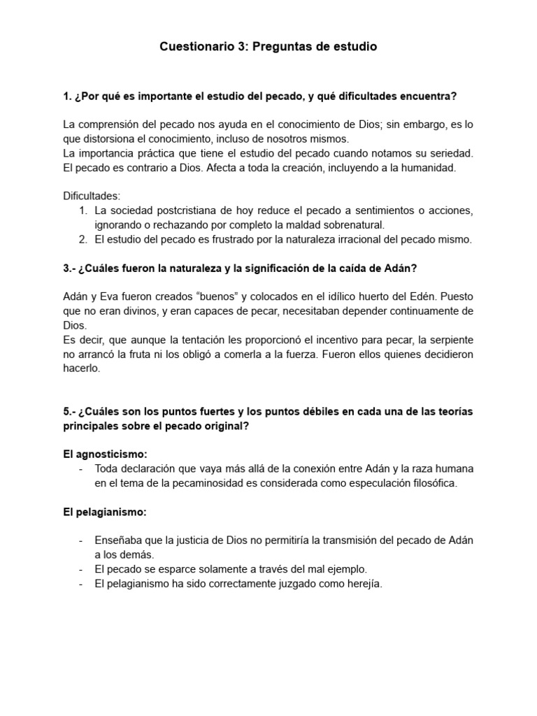 Cuestionario 3 Preguntas de Estudio | PDF | Pecado | El pecado original