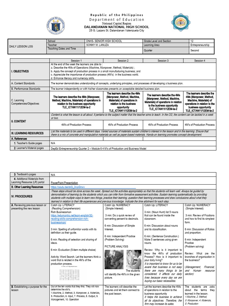 q2 Week 1 DLL Entrep | PDF | Learning | Teachers