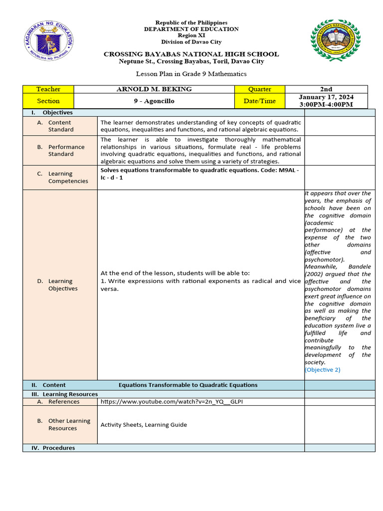 2nd COT-LP-Math-One - Docx BEKING2023 | PDF | Quadratic Equation | Equations