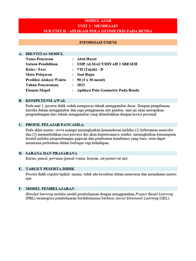 Modul Ajar Kelas 7 SMP Seni Rupa - Unit 2 - D | PDF