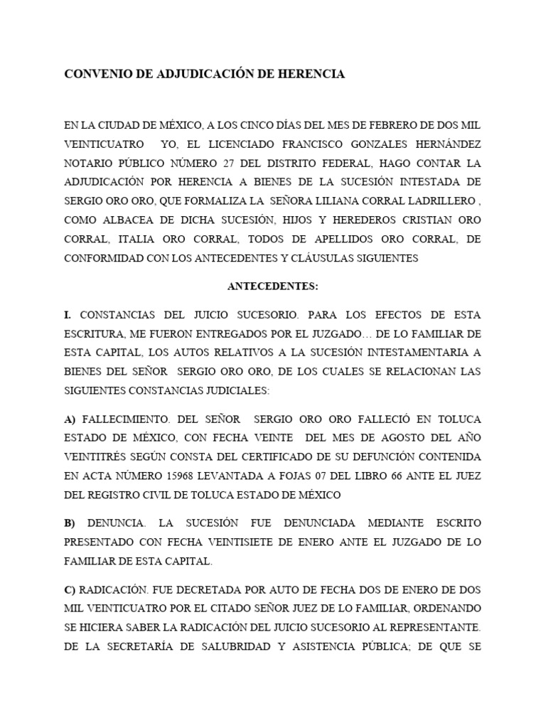 Adjudicación Herencia Sergio Oro 2024 | PDF | Propiedad | Ley común