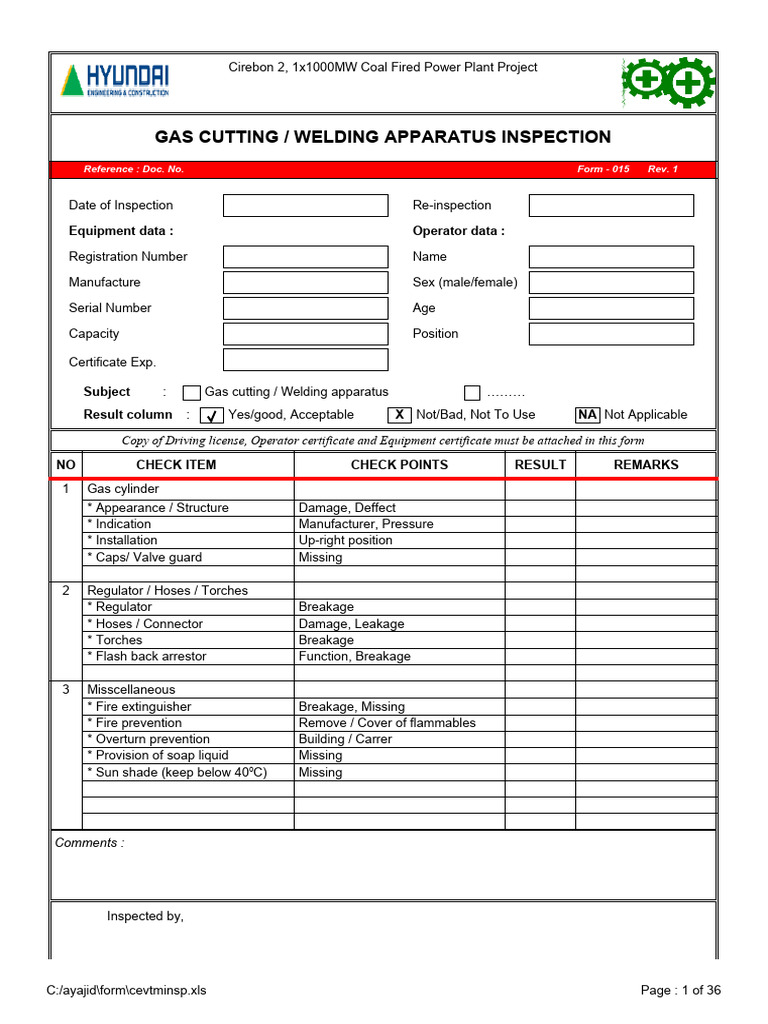 Inspection Form HDEC 2 | PDF | Pump | Brake