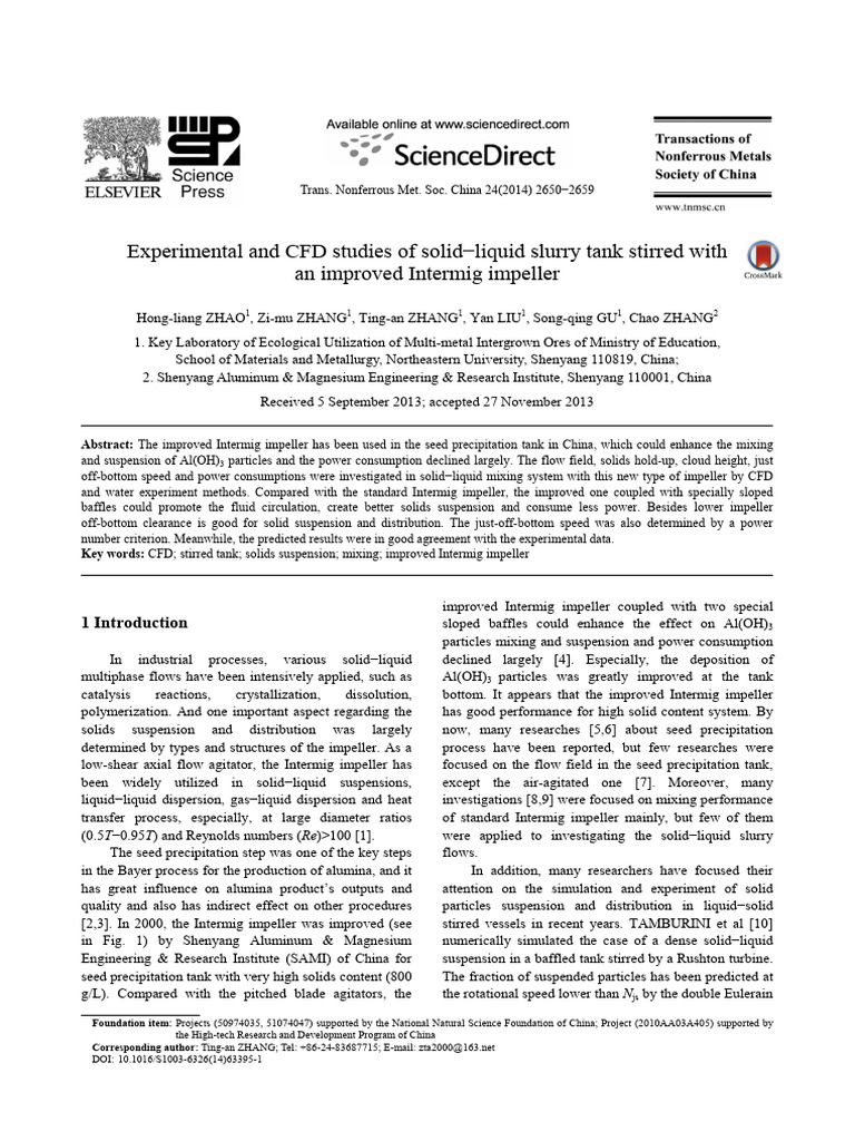 Experimental and CFD Studies of Solid Liquid Slurry Tank Stirred With An Improved Intermig ...