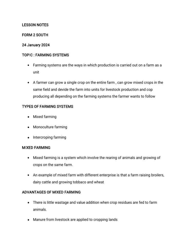 LESSON NOTES-farming Systems | PDF | Agriculture | Farms