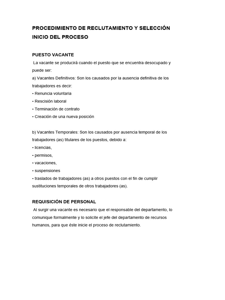 PROCEDIMIENTO DE RECLUTAMIENTO Y SELECCIÓN Quiza La Buena | PDF