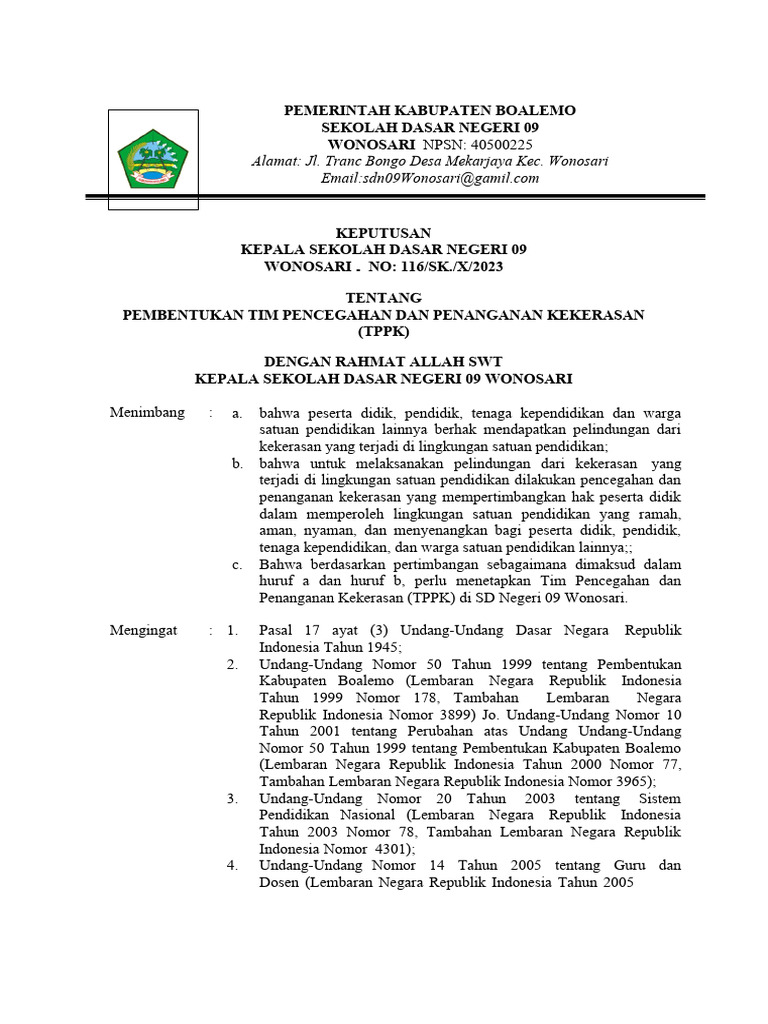 SK Tim Pencegahan dan Penanganan Kekerasan SDN 01 wonosari | PDF