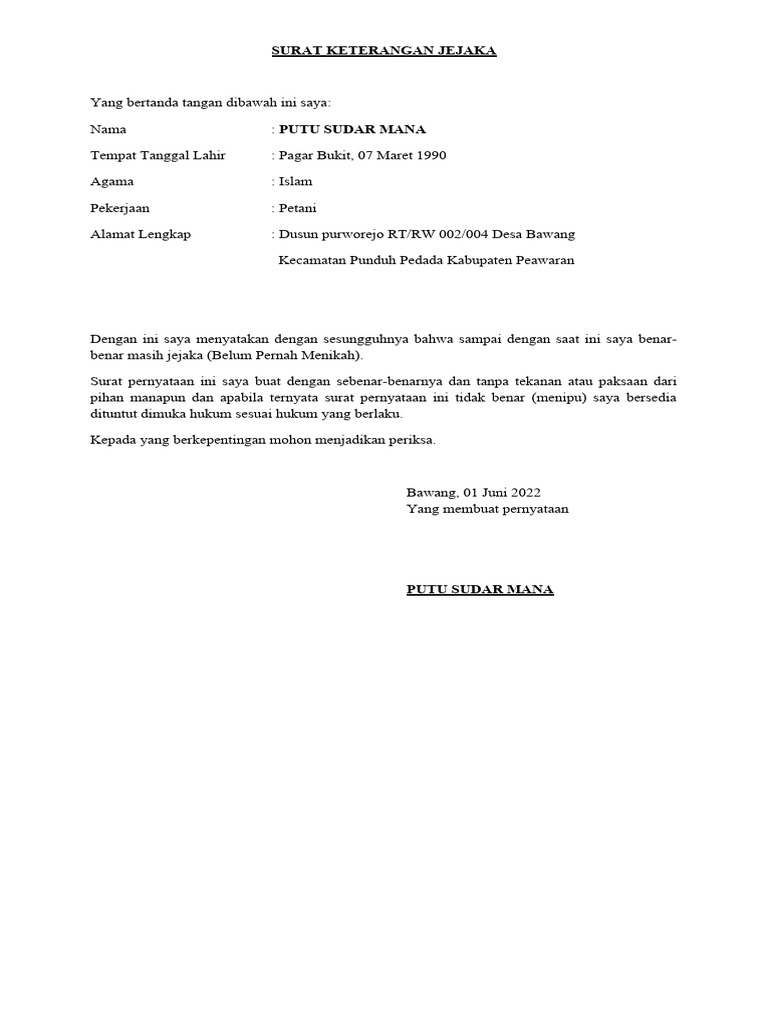 Surat Keterangan Jejaka dan Rekomendasi Nikah | PDF