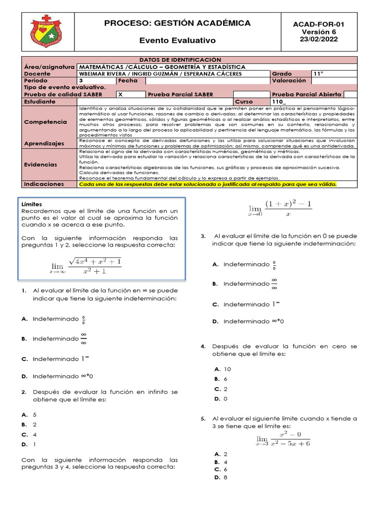 Prueba de Calidad 3 Trimestre - Matemáticas 11° | PDF | Matemáticas | Geometría