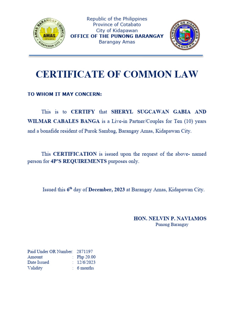Common Law Certificates in Kidapawan | PDF | Philippines