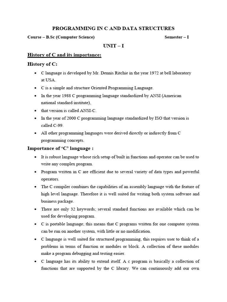 PROGRAMMING IN C AND DATA STRUCTURES - Unit1&2 | PDF | Pointer (Computer Programming ...