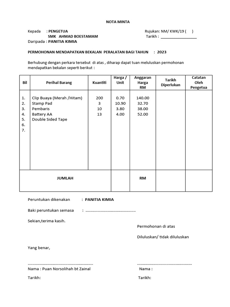 Nota Minta Lab | PDF