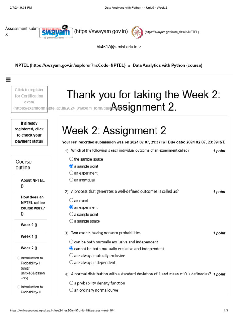 Data Analytics With Python - Unit 5 - Week 2 | PDF | Probability ...
