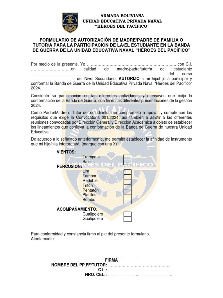 Formulario de Autorización Banda de Musica | PDF