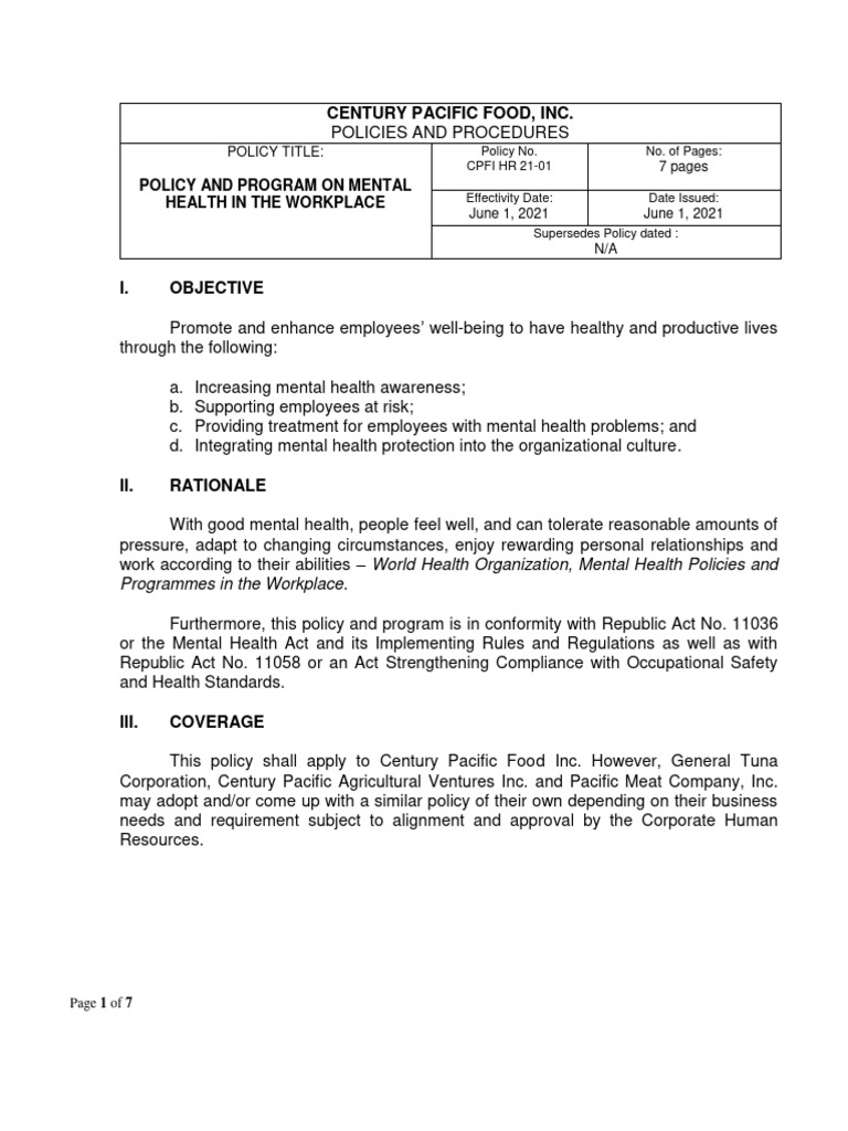 CNPF Policy and Program On Mental Health in The Workplace | PDF ...