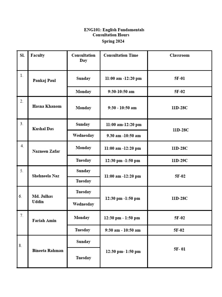 ENG101 Spring 2024 Consultation Schedule | PDF