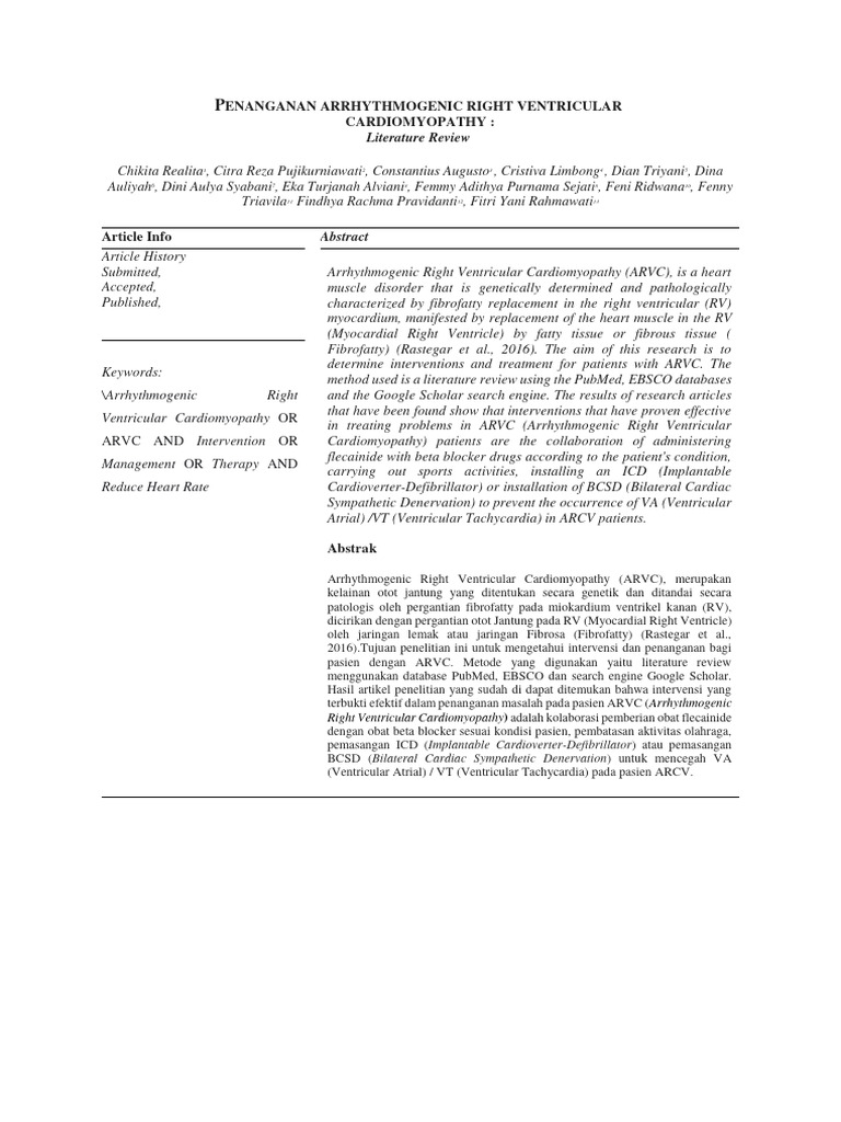 Kelompok 2 - CICU - LITREV - PENANGANAN ARRHYTHMOGENIC RIGHT VENTRICULAR | PDF | Cardiovascular ...