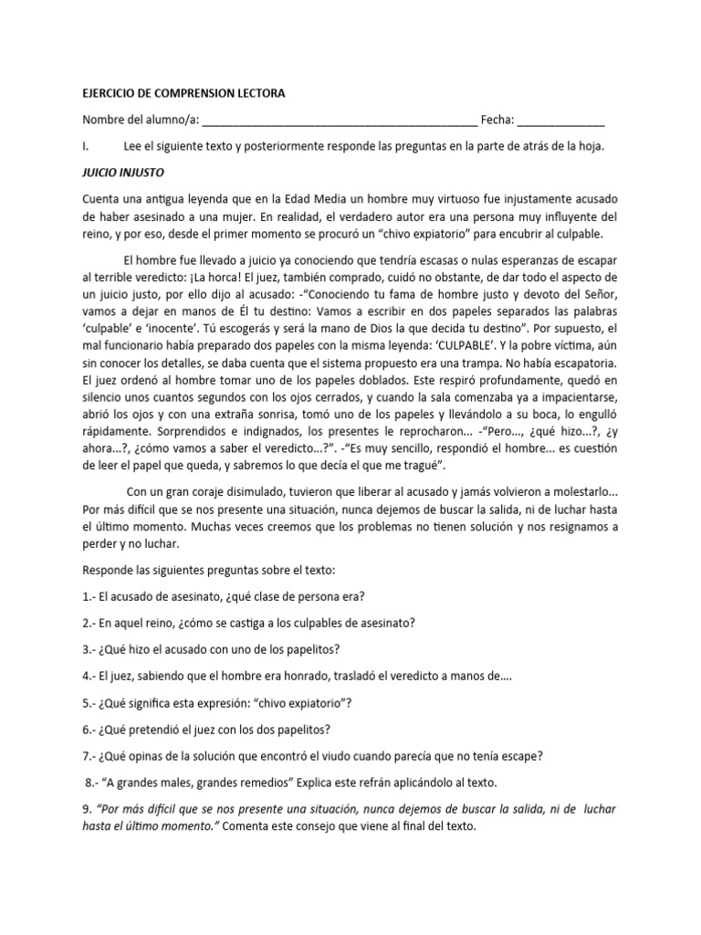 EJERCICIO DE COMPRENSION LECTORA | PDF