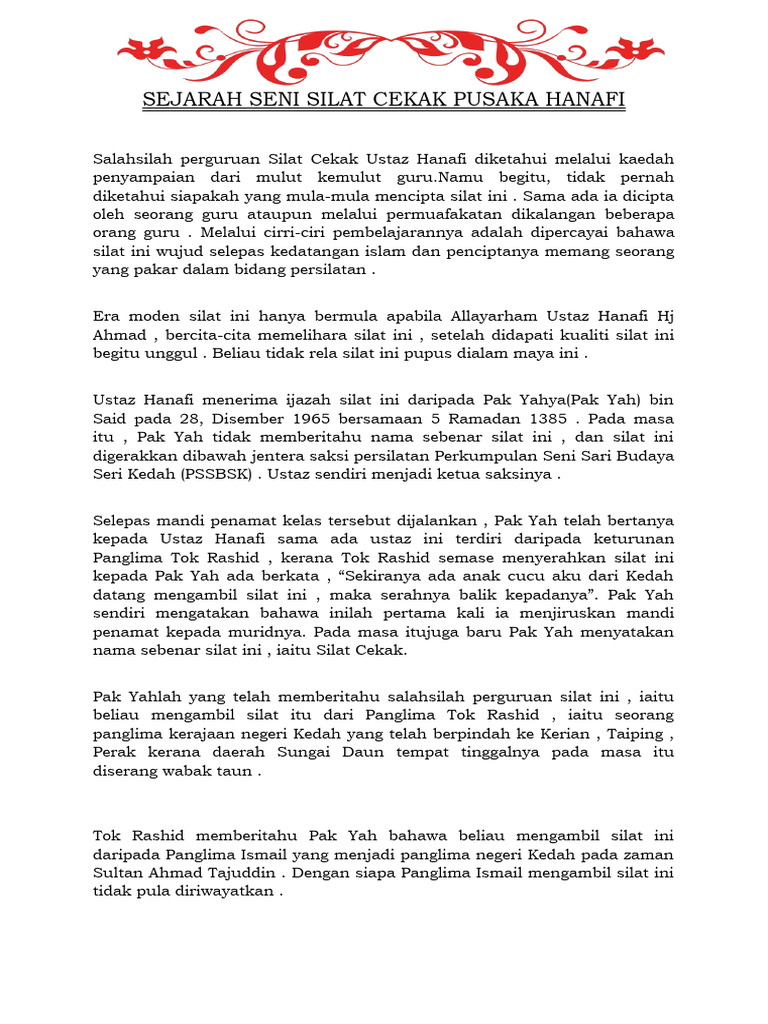 Sejarah Seni Silat Cekak Pusaka Hanafi | PDF