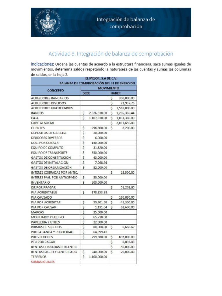 Actividad 9. Integración de Balanza de Comprobación Lore | Descargar gratis PDF | Industrias de ...
