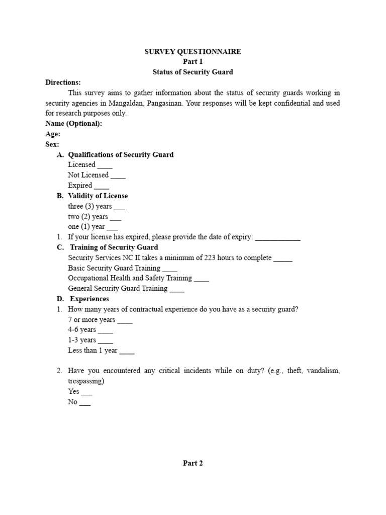 Security Guard Status Survey Questionnaire | PDF | Security Guard ...