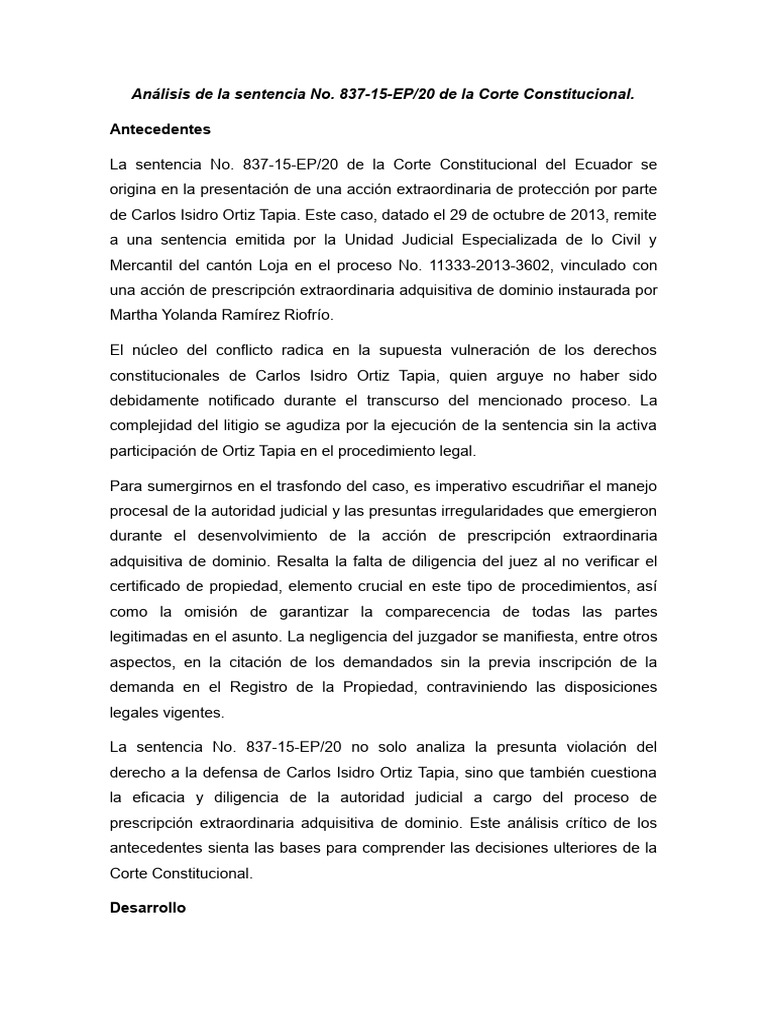 Antecedentes: Análisis de La Sentencia No. 837-15-EP/20 de La Corte ...