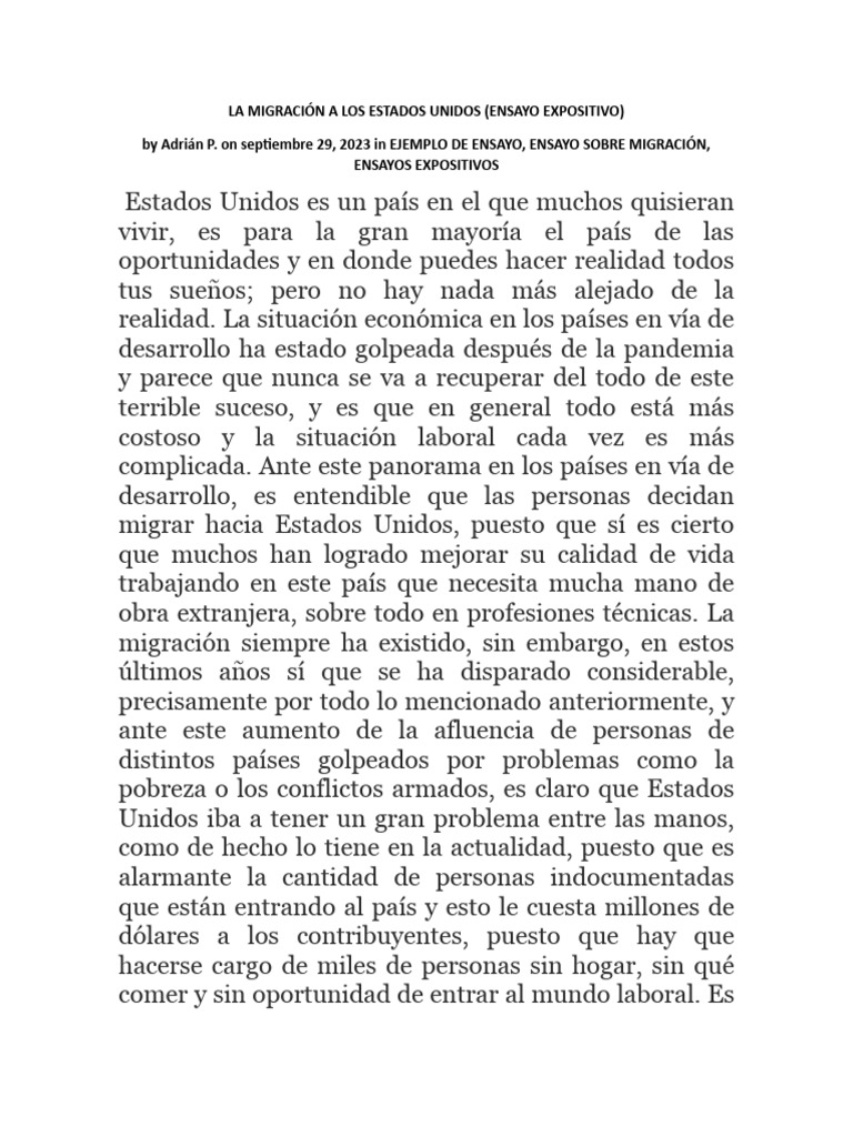Ejemplo de Ensayo La Migracion A Los Estados Unidos. | PDF | Migración ...