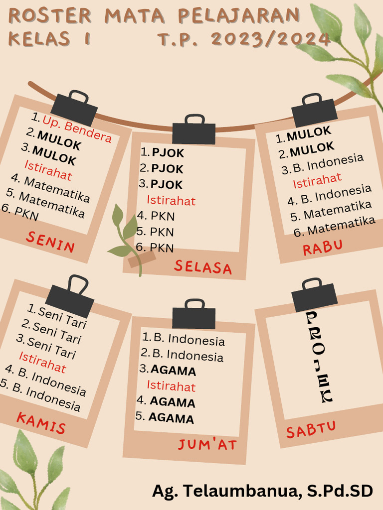 Roster Pelajaran Kelas 1 T.P. 2023/2024 | PDF | Sains & Matematika