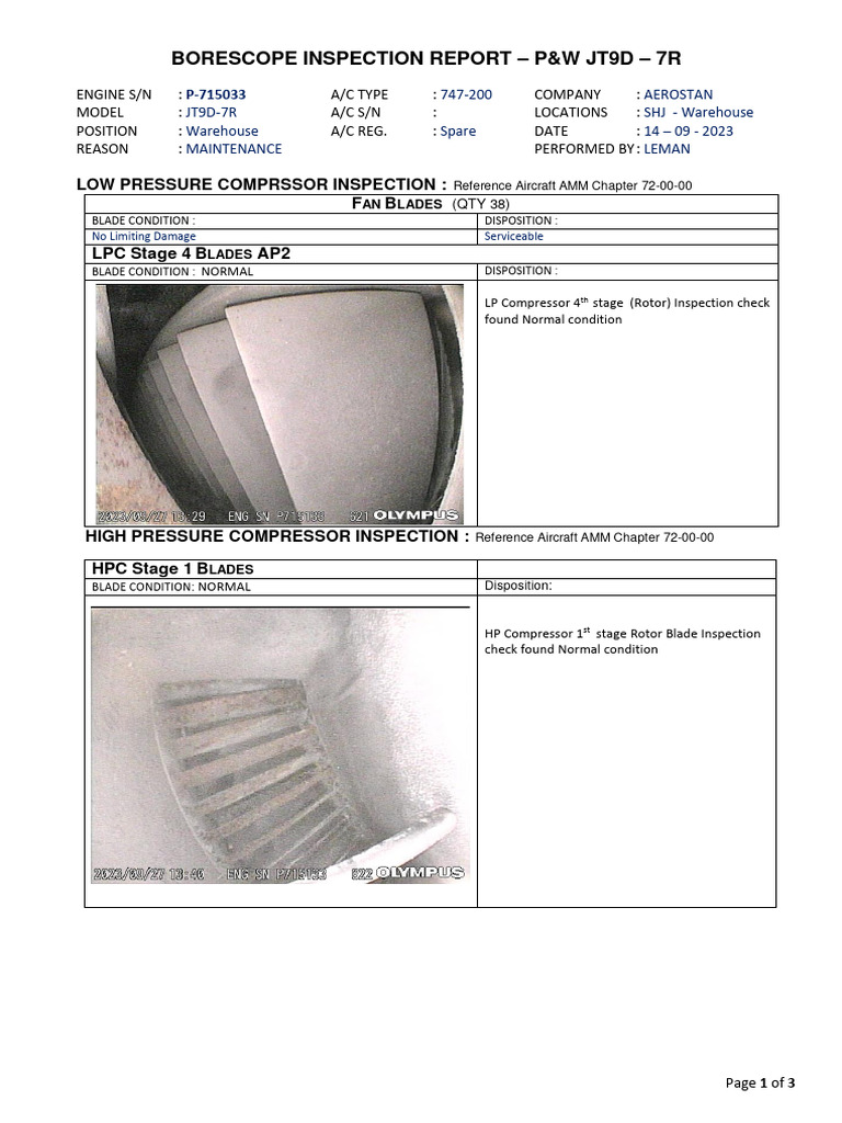 Engine Borescope Report Jt9d - 7r SN p715033 | PDF | Turbine | Energy ...