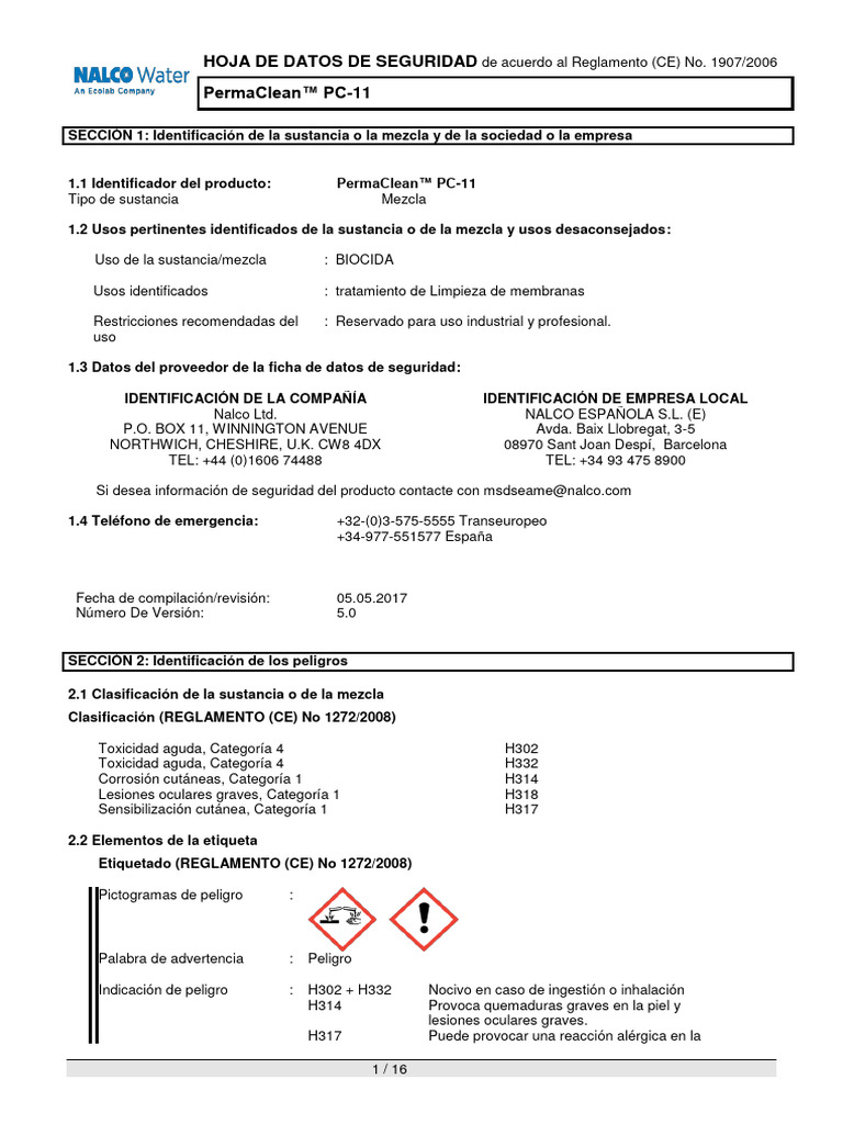 PermaClean PC-11 SDS | Descargar gratis PDF | Agua | Materiales