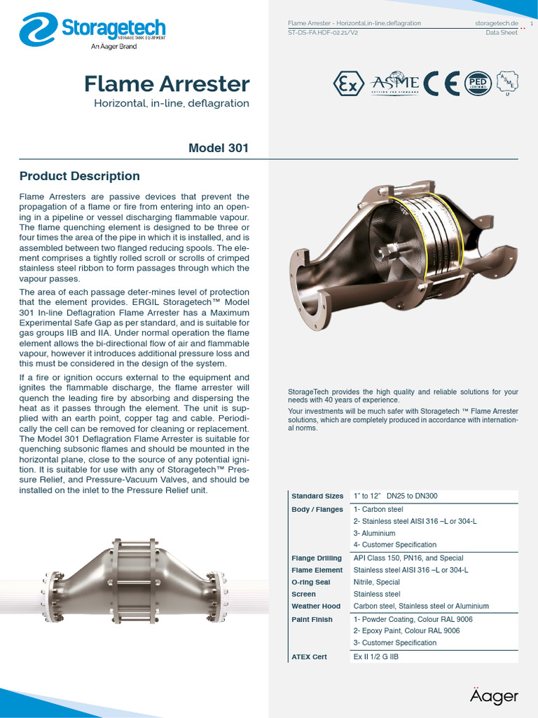 Flame Arrestor Horizontal in Line Deflagration | PDF | Stainless Steel | Steel