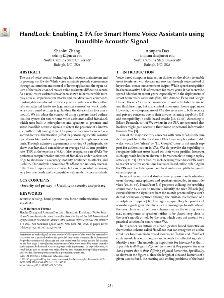 Handlock: Enabling 2-Fa For Smart Home Voice Assistants Using Inaudible ...