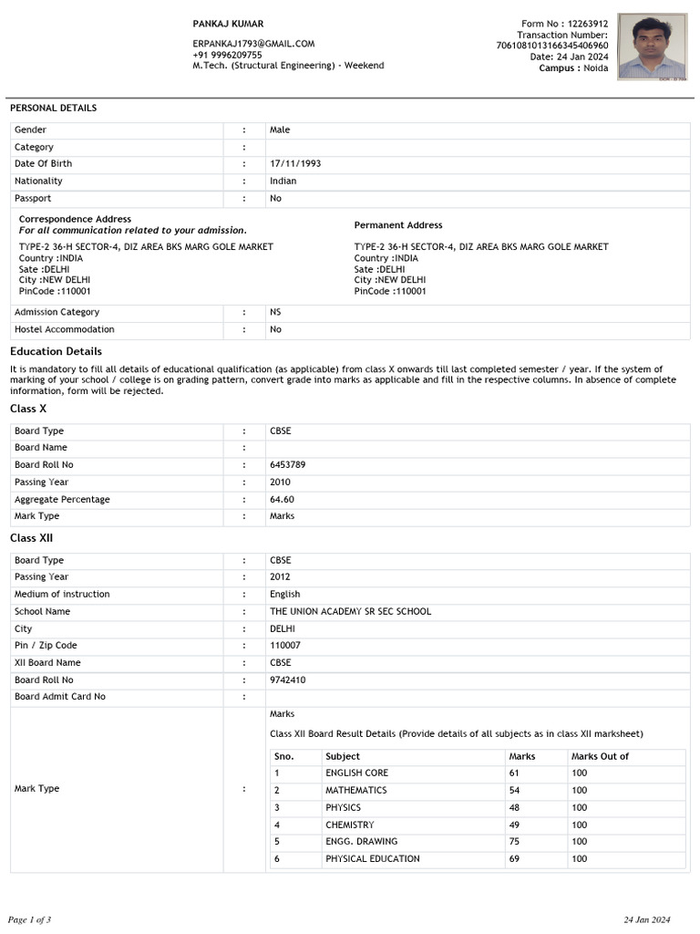 Admission Form for M.Tech Structural Engineering | PDF
