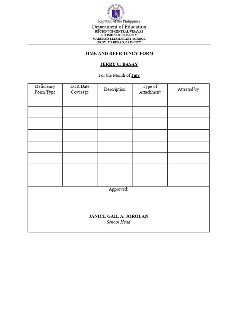 Time and Deficiency Form 1 | PDF