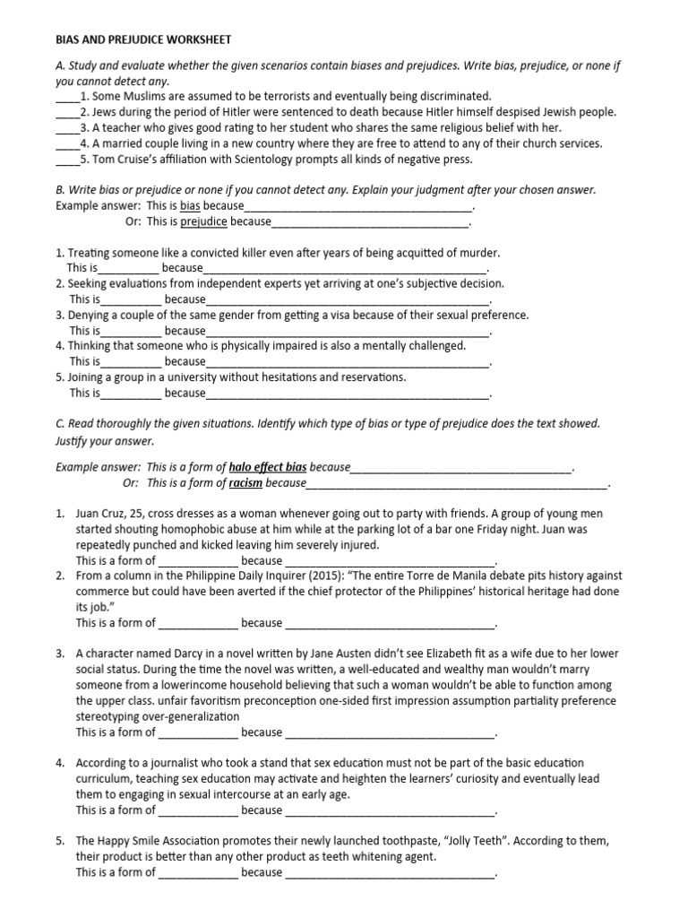Bias and Prejudice Worksheet | PDF | Prejudices | Bias