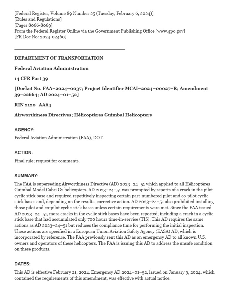 2024 01 52 | PDF | Federal Aviation Administration | Rulemaking