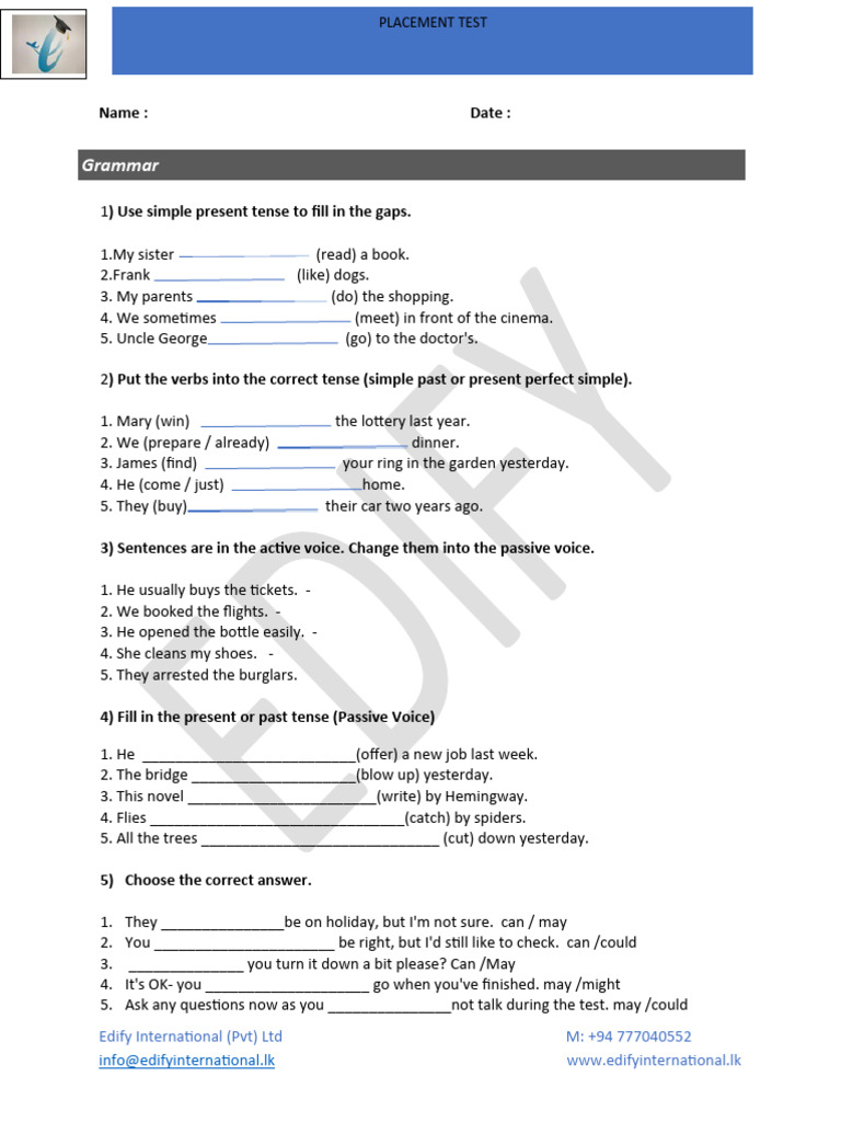 English Placement Test: Grammar & Vocabulary | PDF | Grammatical Tense ...