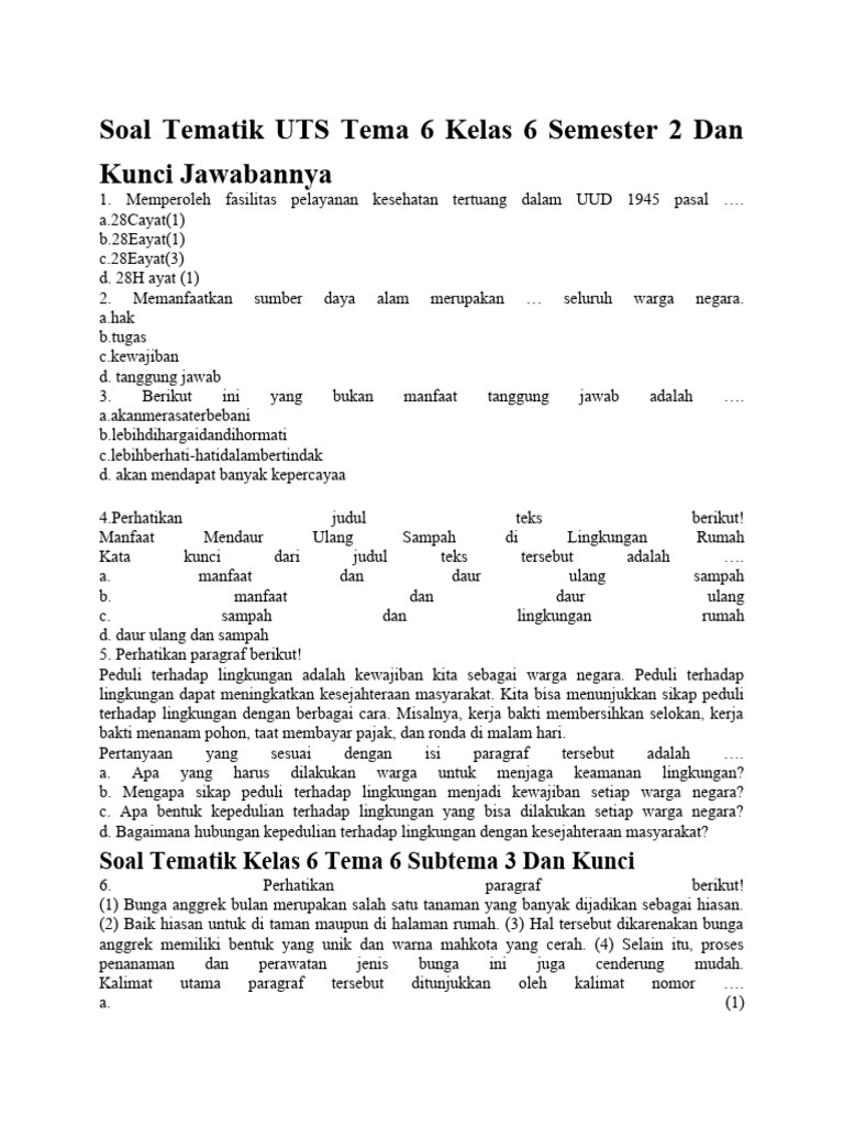 Soal Tematik UTS Tema 6 Kelas 6 Semester 2 Dan Kunci Jawabannya | PDF