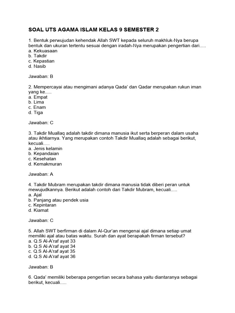 Soal Uts Agama Islam Kelas 9 Semester 2 | PDF
